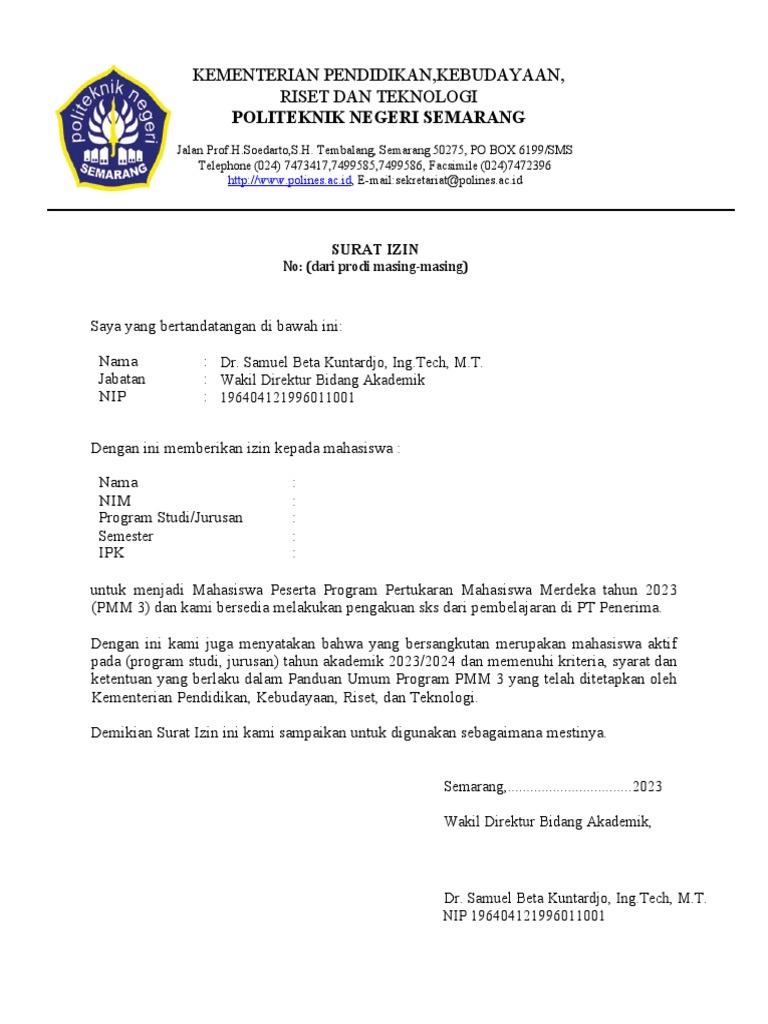 Izin Mahasiswa PMM Polines Semarang 2023 | PDF