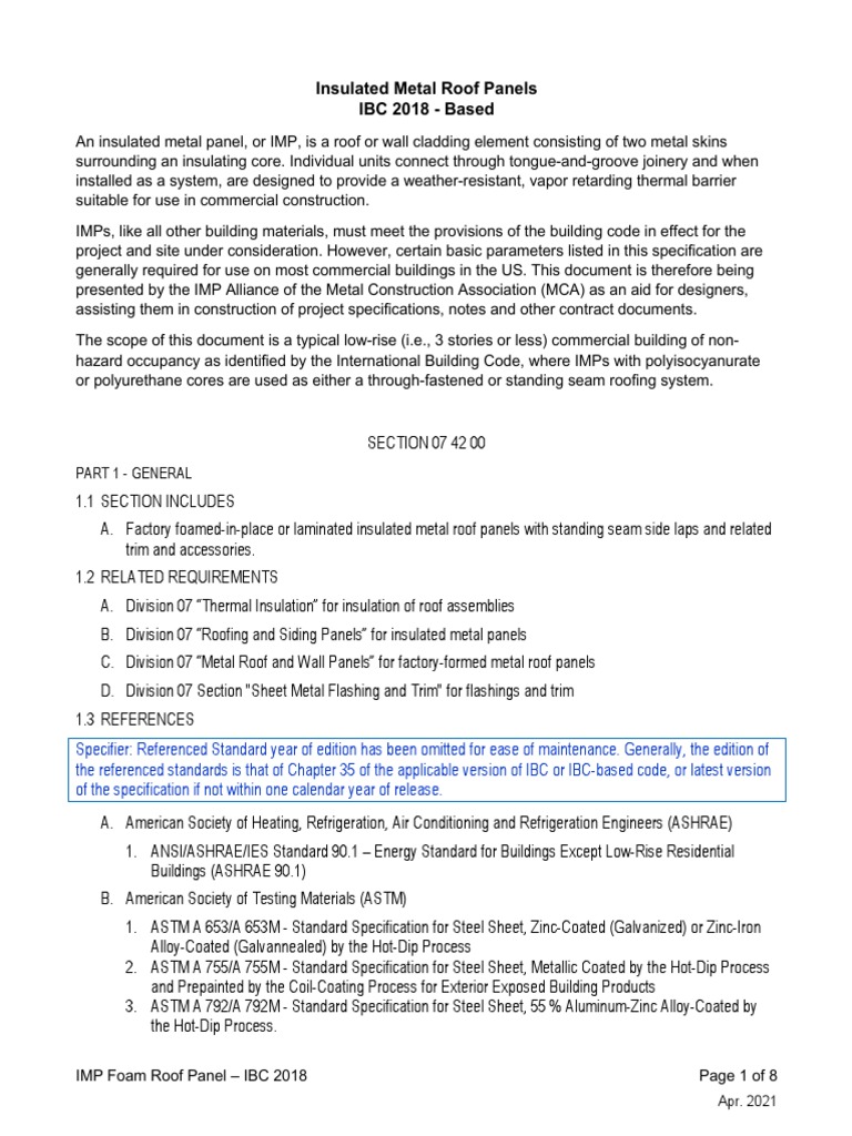 0421 IMP Guide Specification Foam Roof Panel IBC 2018 | PDF | Roof ...