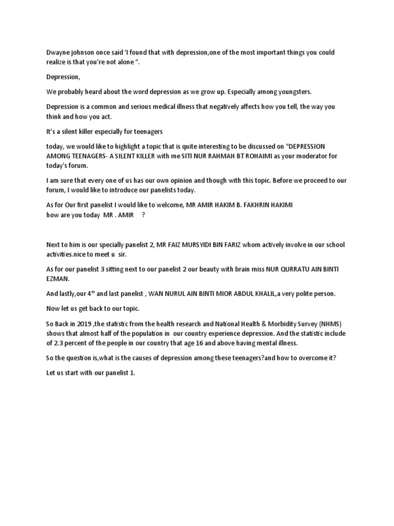 Moderator Script: Depression Among Teenager | PDF