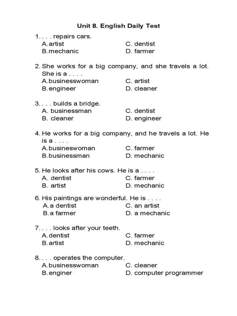 Unit 8. English Daily Test For Grade 5 | PDF