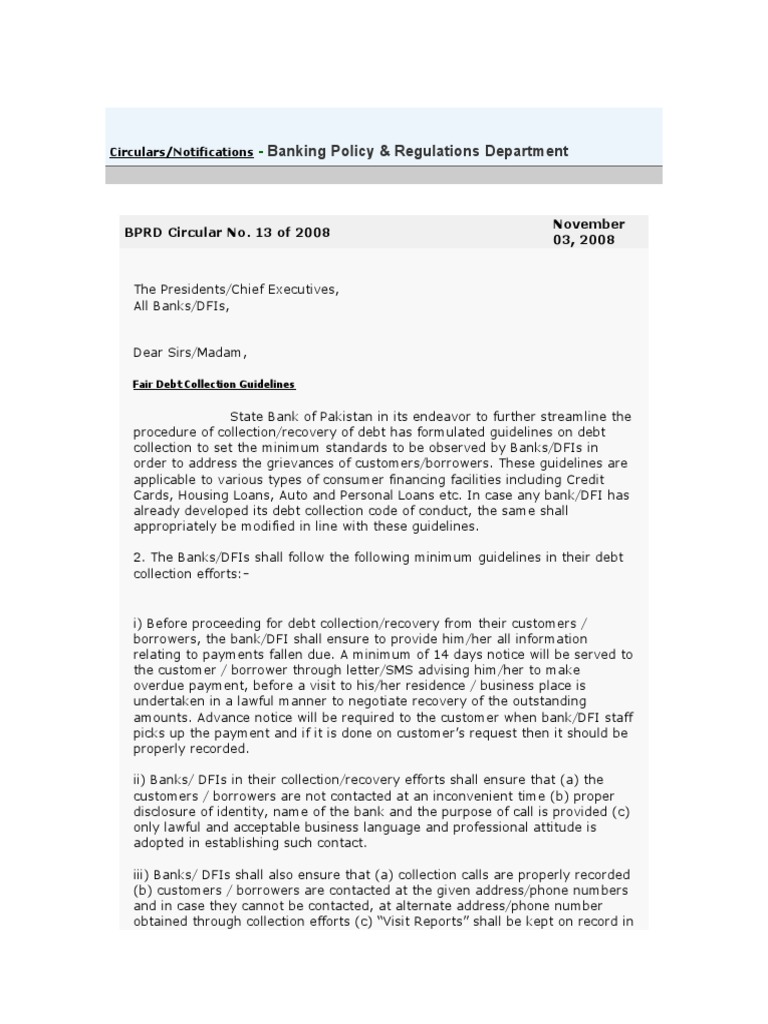 SBP Fair Debt Collection Guidelines | PDF | Banks | Debt
