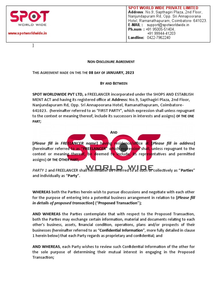Non Disclosure Agreement For Freelancer | PDF | Legal Remedy | Damages