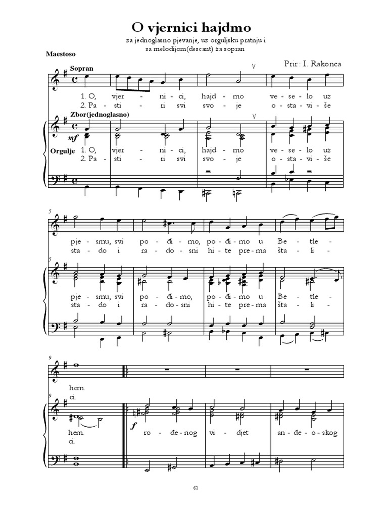 O Vjernici Hajdmo, Orgulje, Zbor I Sopran, Prir. I. Rakonca PDF | PDF