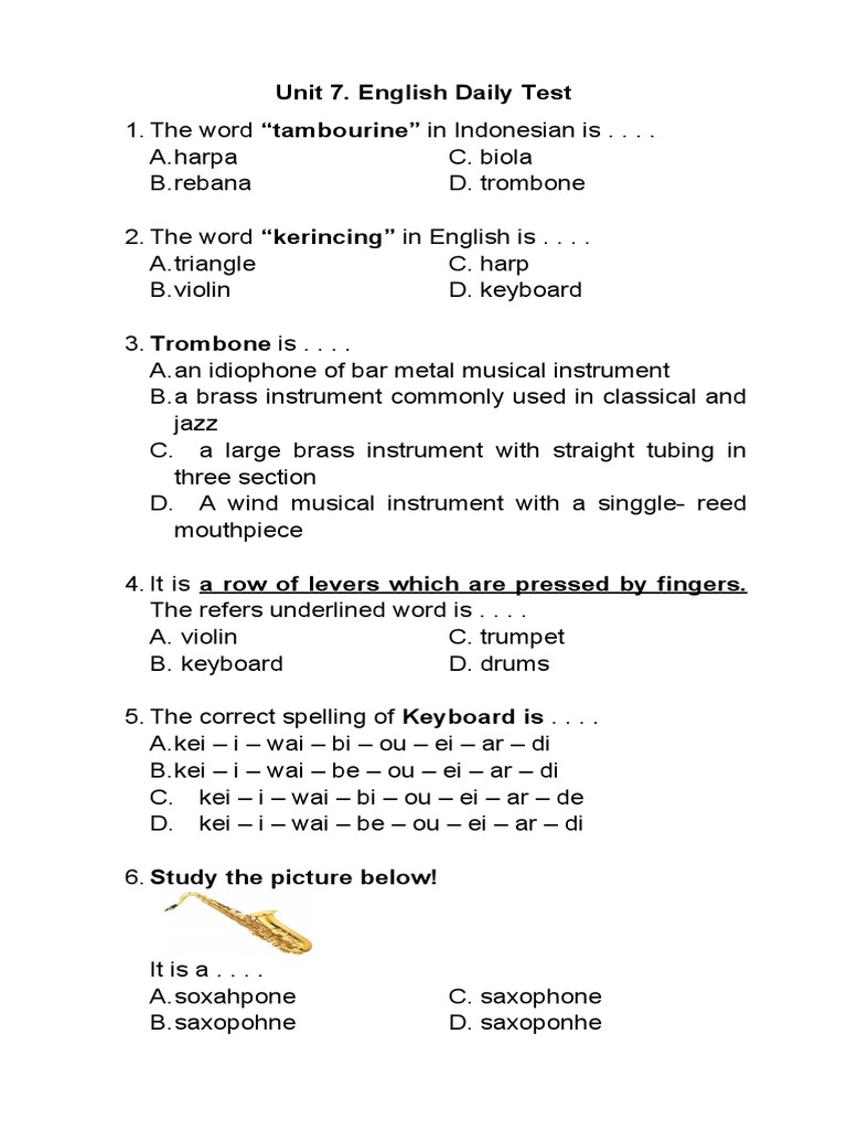 Unit 7. English Daily Test - . . | PDF | Musical Instruments | Brass ...