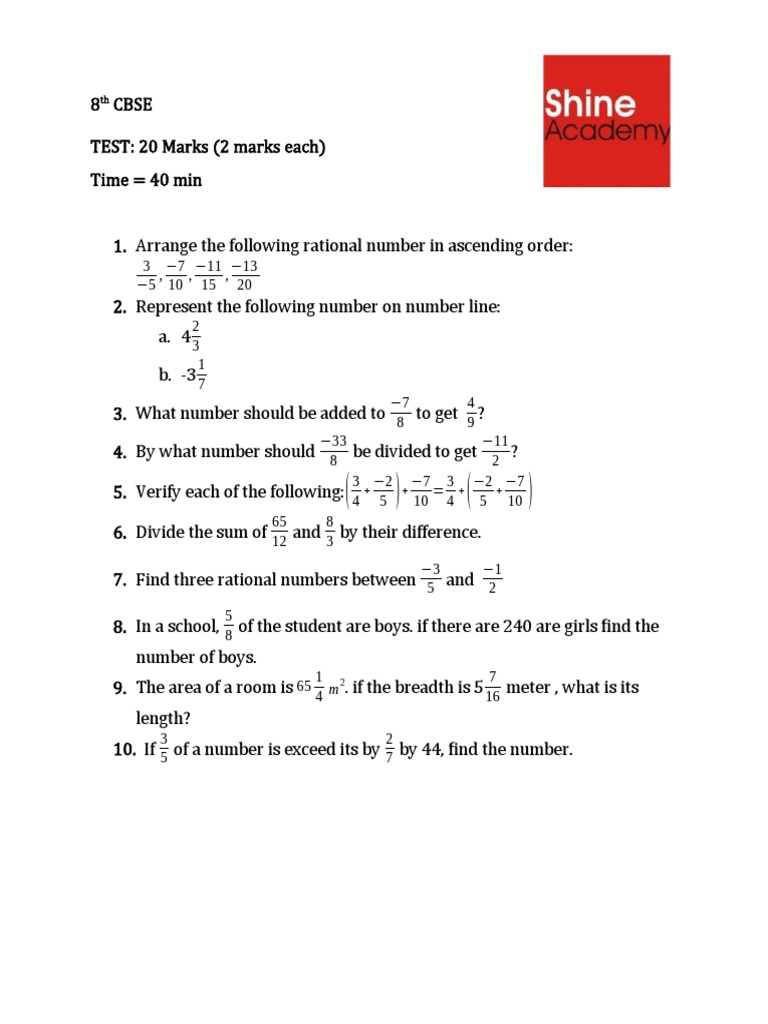 8th CBSE Maths Test Questions | PDF