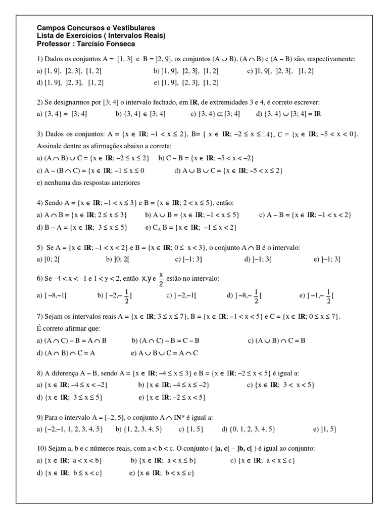 Conjuntos Numéricos (Intervalos Reais) PDF | PDF | Matemática ...