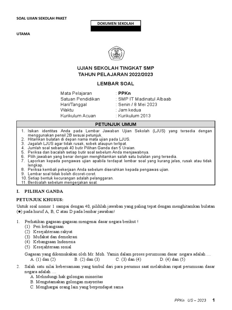 Soal US PPKN K13 SMP IT MAdinatul Albaab PDF | PDF | Politik