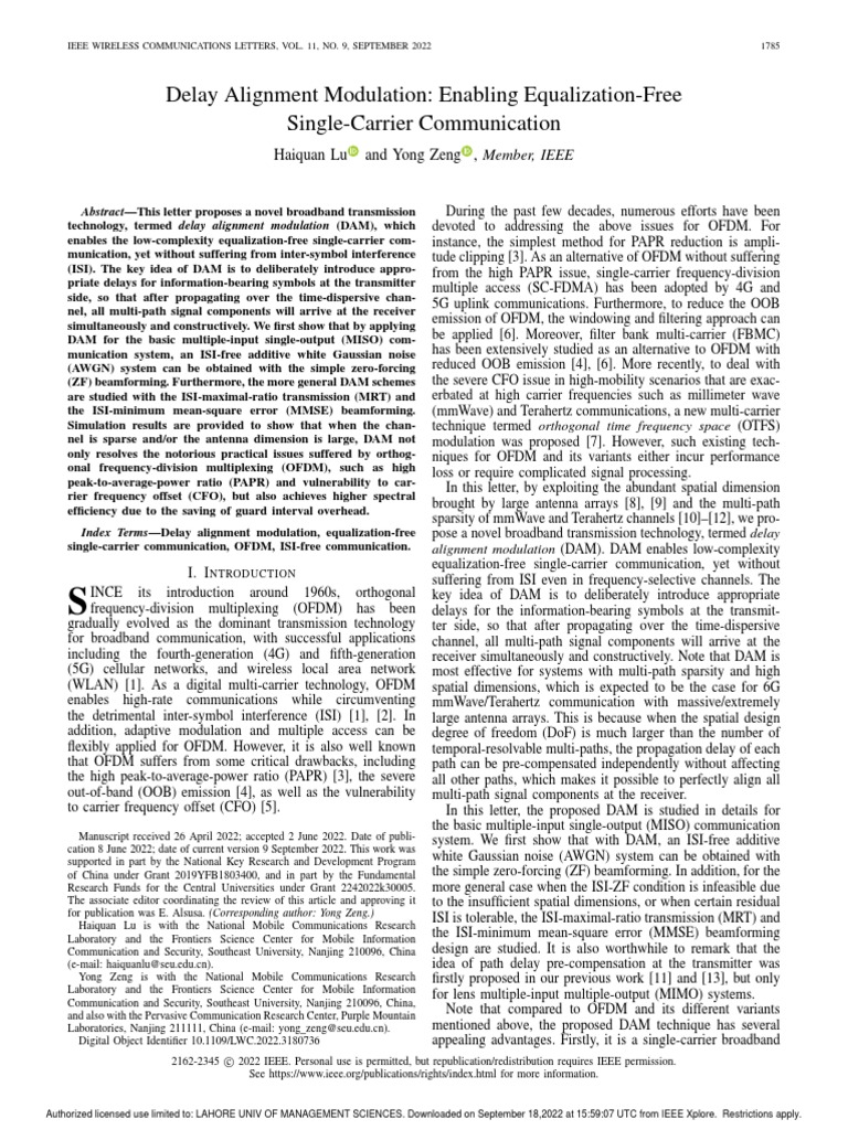 Delay Alignment Modulation Enabling Equalization-Free Single-Carrier Communication PDF | PDF ...