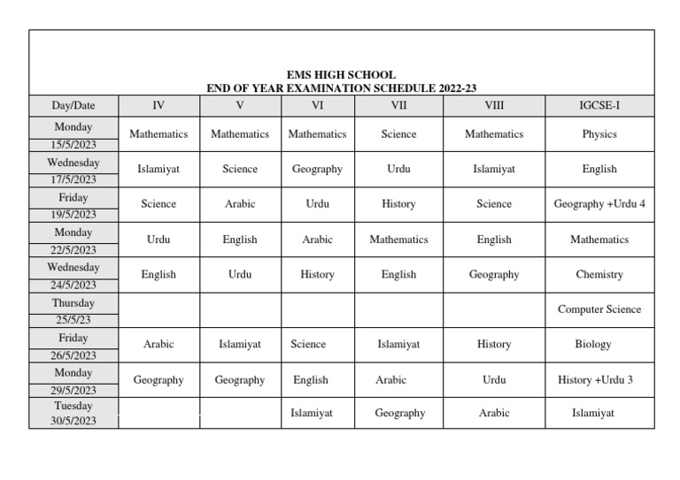 End of Year Exam Schedule 2022-23 | PDF