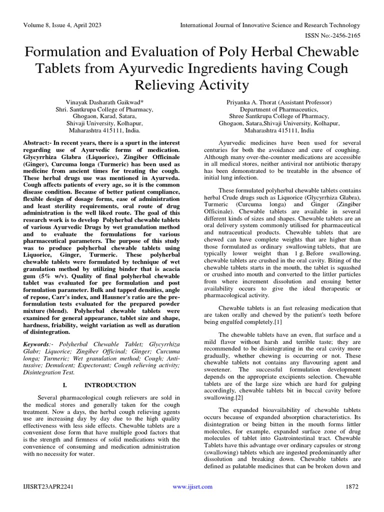 Formulation And Evaluation Of Poly Herbal Chewable Tablets From Ayurvedic Ingredients Having