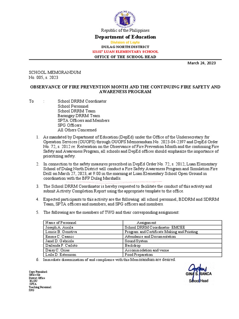 School Memorandum No. 005, S. 2023 Conduct of Fire Safety Awareness and ...