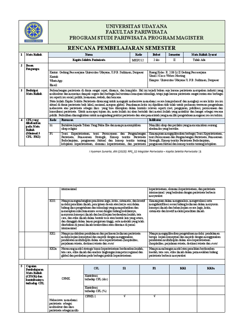 RPS Kapita Selekta Pariwisata S2 Final Terbaru, 2023 | PDF