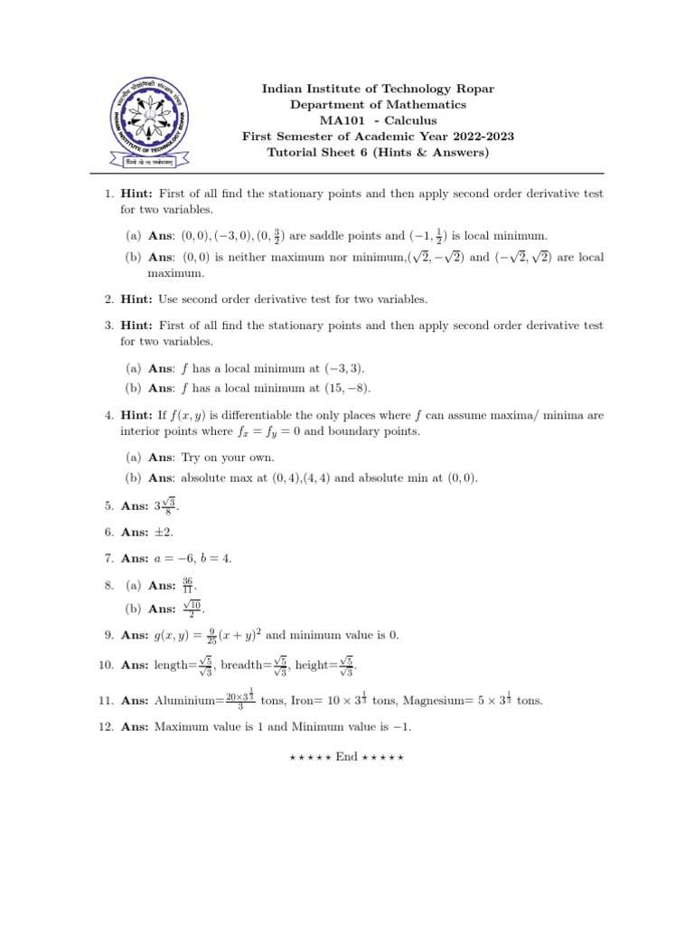 IIT Ropar MA101 Calculus Tutorial Answers | PDF | Teaching Methods ...