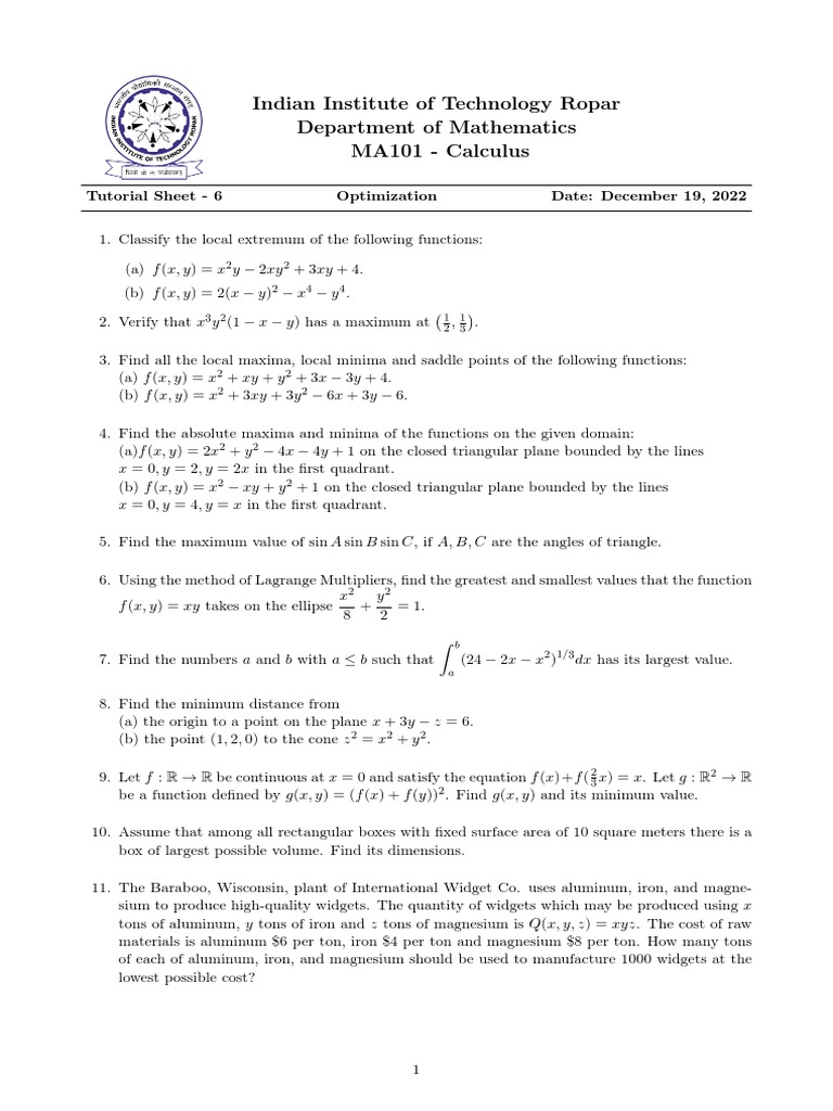 Tutorial Sheet 6 | PDF | Maxima And Minima | Analysis Tutorial Sheet 6 | PDF | Maxima And Minima | Analysis