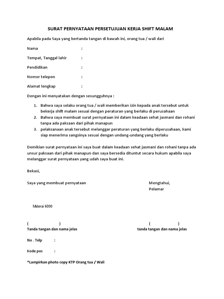 Surat Pernyataan Persetujuan Kerja Shift Malam | PDF Surat Pernyataan Persetujuan Kerja Shift Malam | PDF