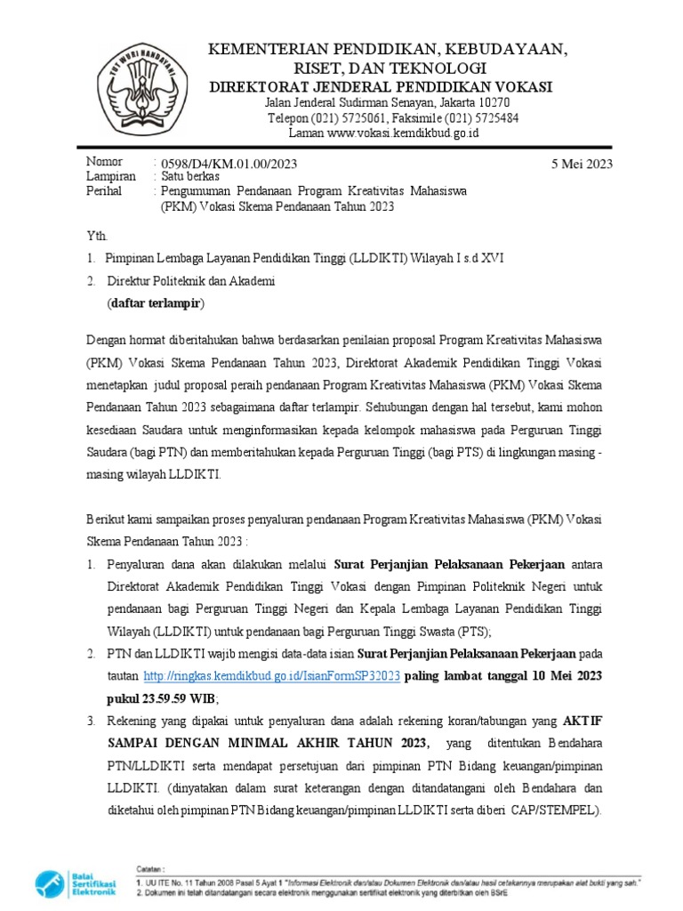 0598 - Pengumuman Penerima Pendanaan PKM Vokasi Skema Pendanaan Tahun 2023 | PDF | Sains ...