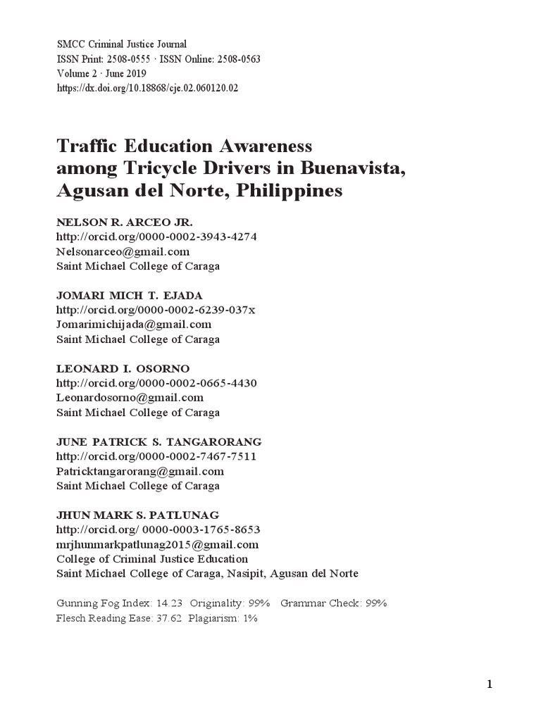 Traffic Education Awarenessamong Tricycle Driversin Buenavista ...