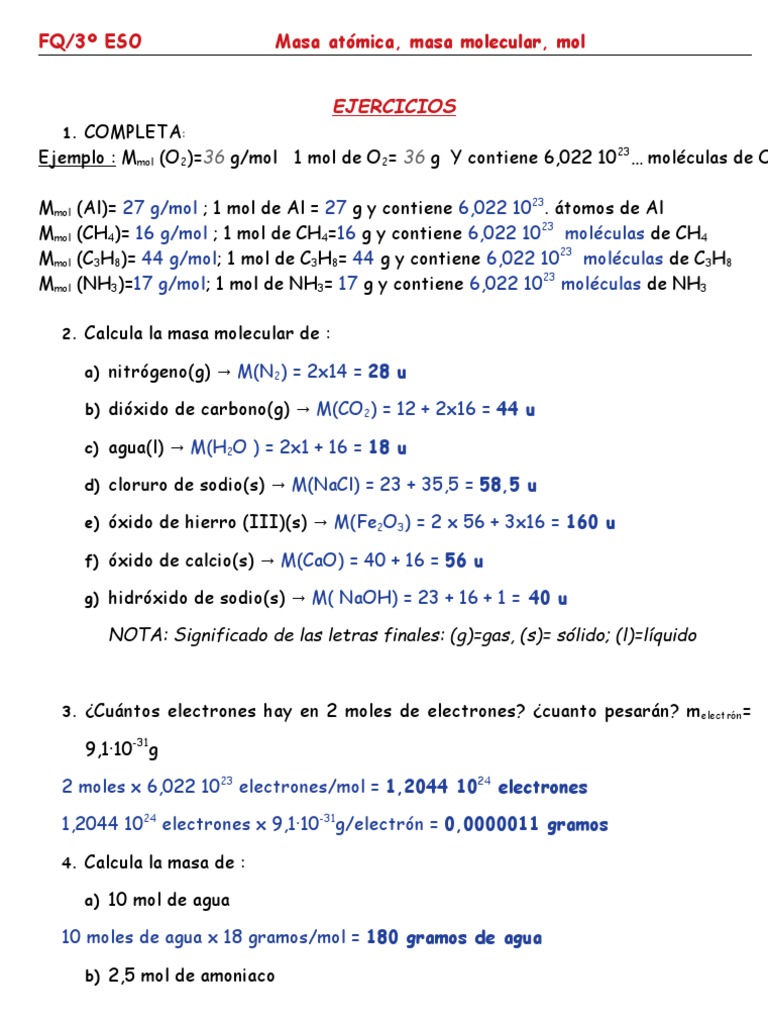 SOLUCIONES EJERCICIOS (Masa Atómica, Molecular y Mol) PDF | PDF | Mole (Unidad) | Hidróxido de sodio