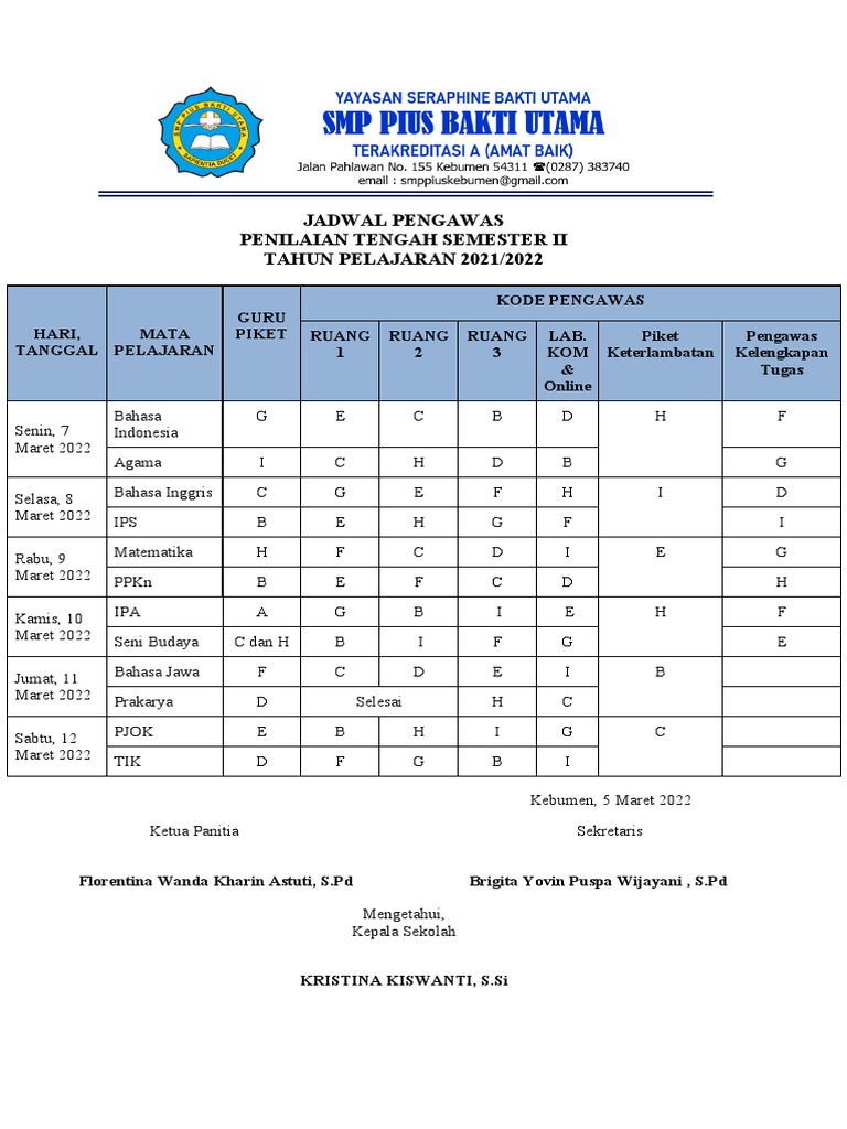 Jadwal Pengawas Pts II | PDF
