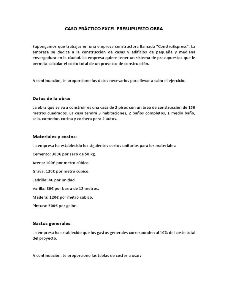 Caso Práctico Excel Presupuesto Obra PDF | PDF