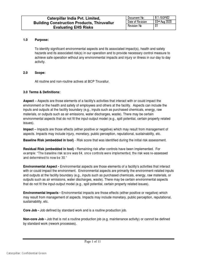 8.1 SOP 02 Evaulating EHS Risk - Risk Assesement & Aspect Impact PDF | Download Free PDF | Risk ...