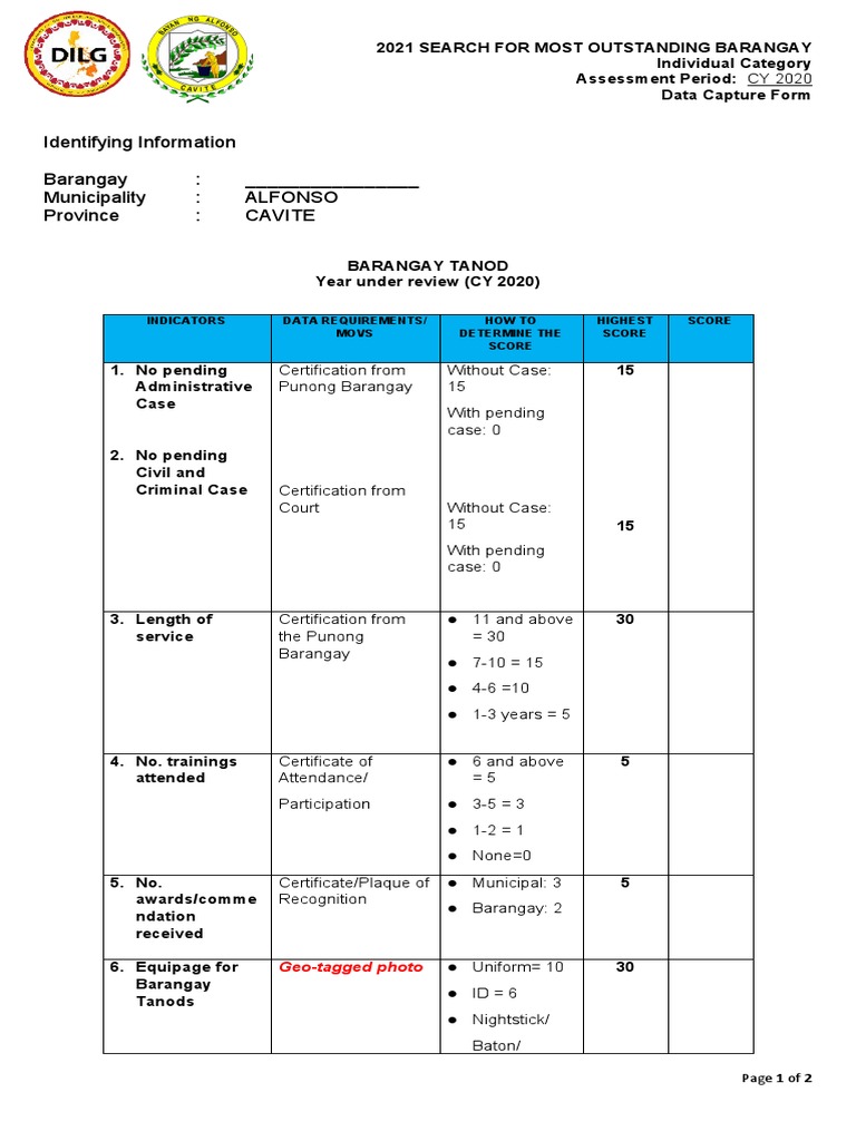 Final Criteria Barangay Tanod | PDF | Justice | Crime & Violence