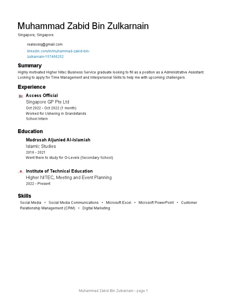 Resume Muhammad Zabid Bin Zulkarnain | PDF