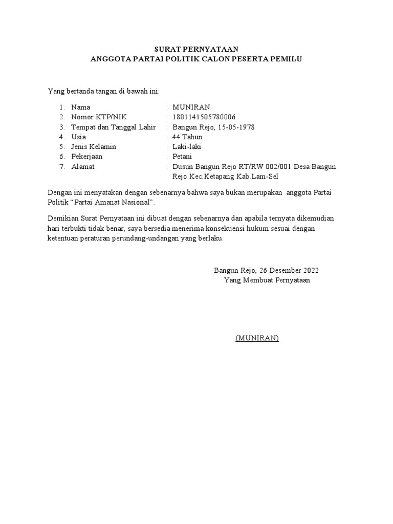 SURAT PERNYATAAN Partai Politik | PDF