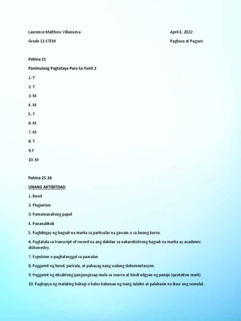 ARALIN 1 Pagbasa at Pagsuri | PDF