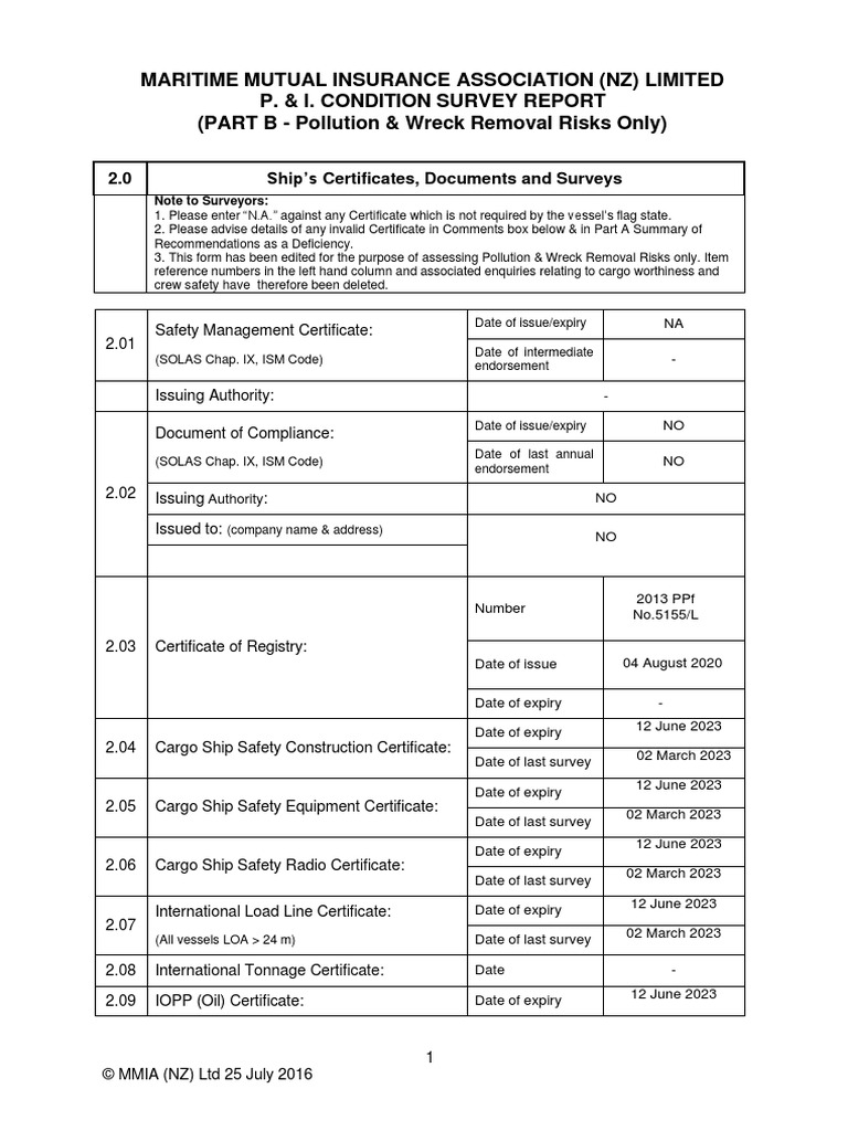 Tb. Rizki Sejahtera P&i Condition Survey Report (Part B) Pollution & Wreck Removal PDF | PDF