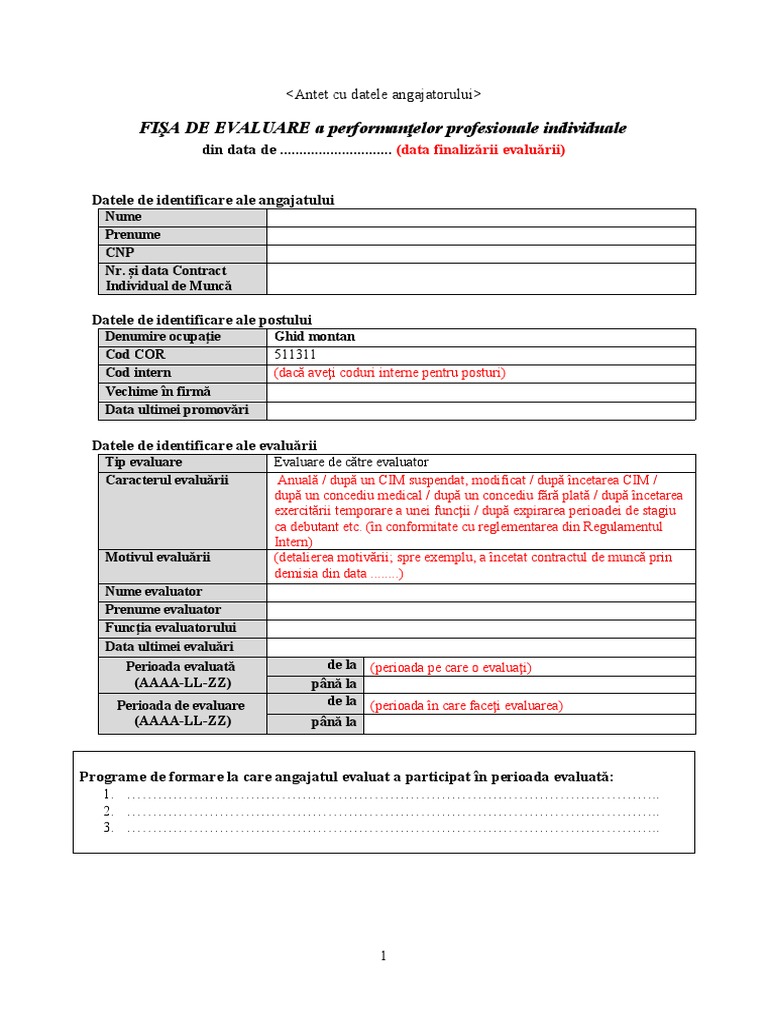 Exemplu completat - Fisa evaluare profesionala - Ghid montan | PDF