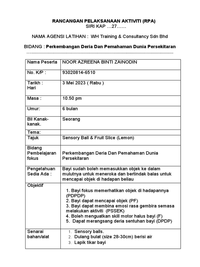 Noor Azreena Binti Zainodin - RPA PDPDP (6 BULAN) | PDF