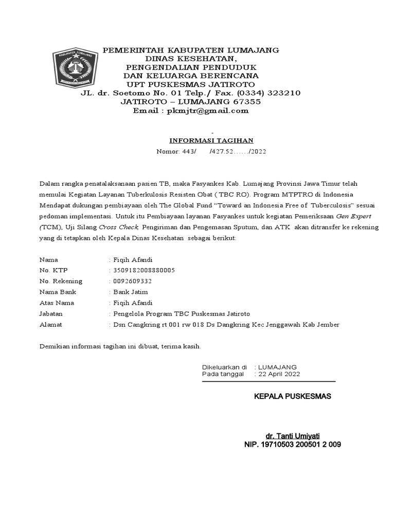 Contoh Surat Informasi Tagihan FASKES | PDF