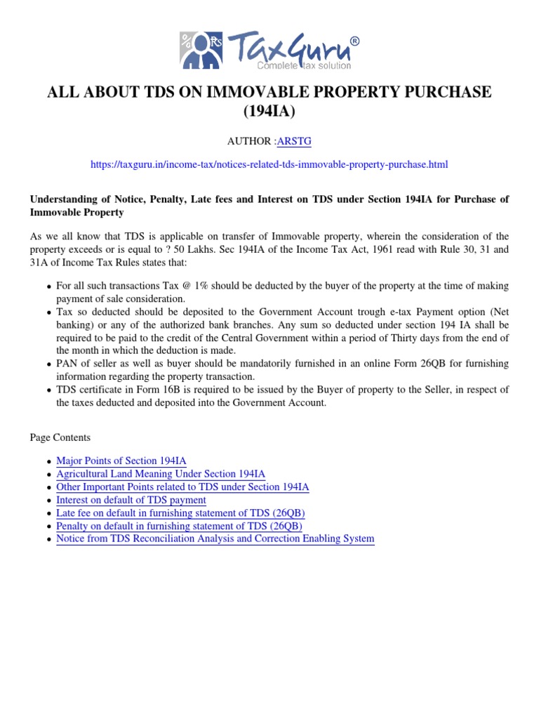 All About TDS On Immovable Property Purchase (194IA)- taxguru.in | PDF ...