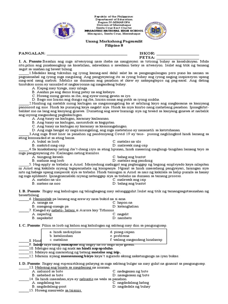 Fil.8 1st Quarter Exam | PDF