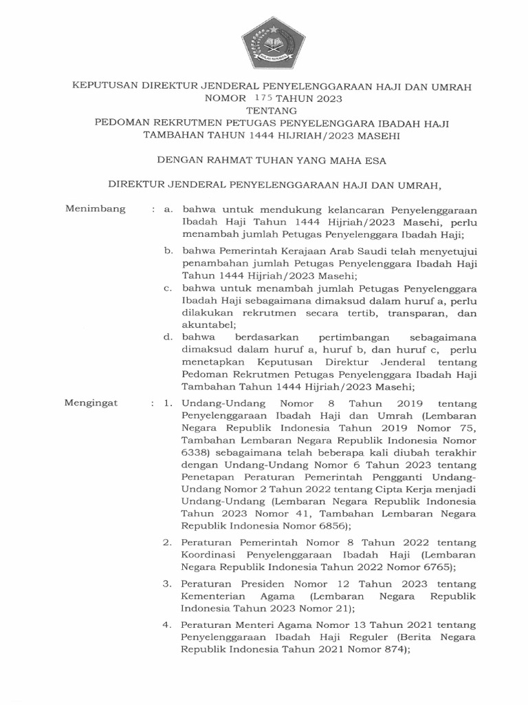 175 Tahun 2023 - Pedoman Rekrutmen PPIH Tambahan | PDF
