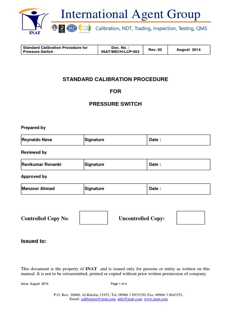Pressure Switch Calibration Procedure | PDF | Calibration | Valve