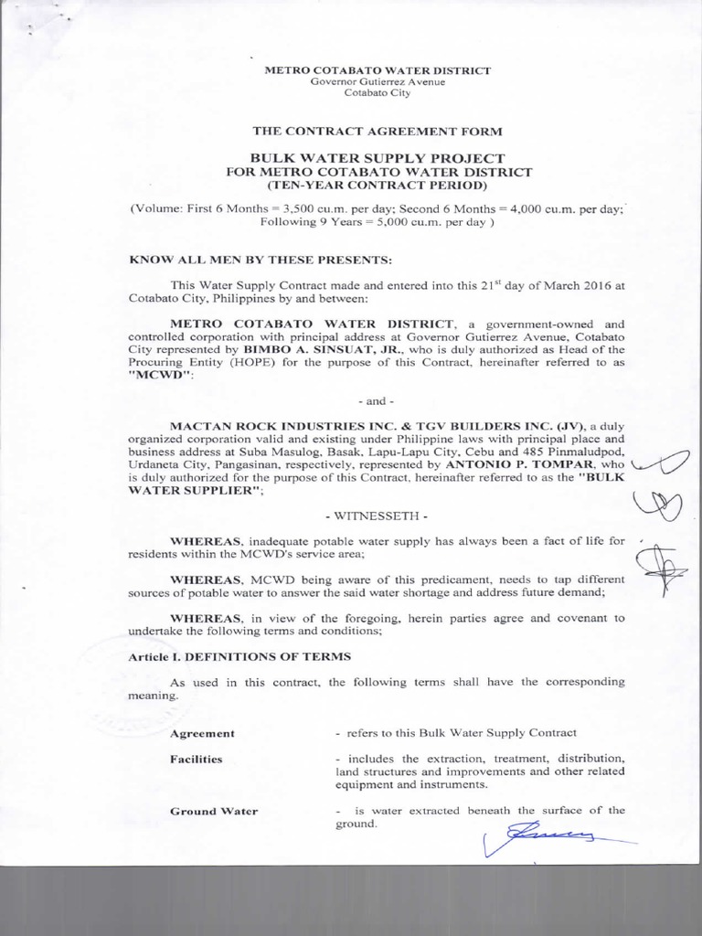 Contract - Agreement Bulk Water Supply Project | PDF