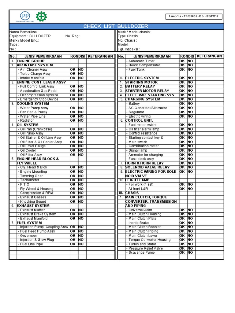 Lamp. 1 Form Cek List Alat Berat Rev1 | PDF | Clutch | Turbocharger