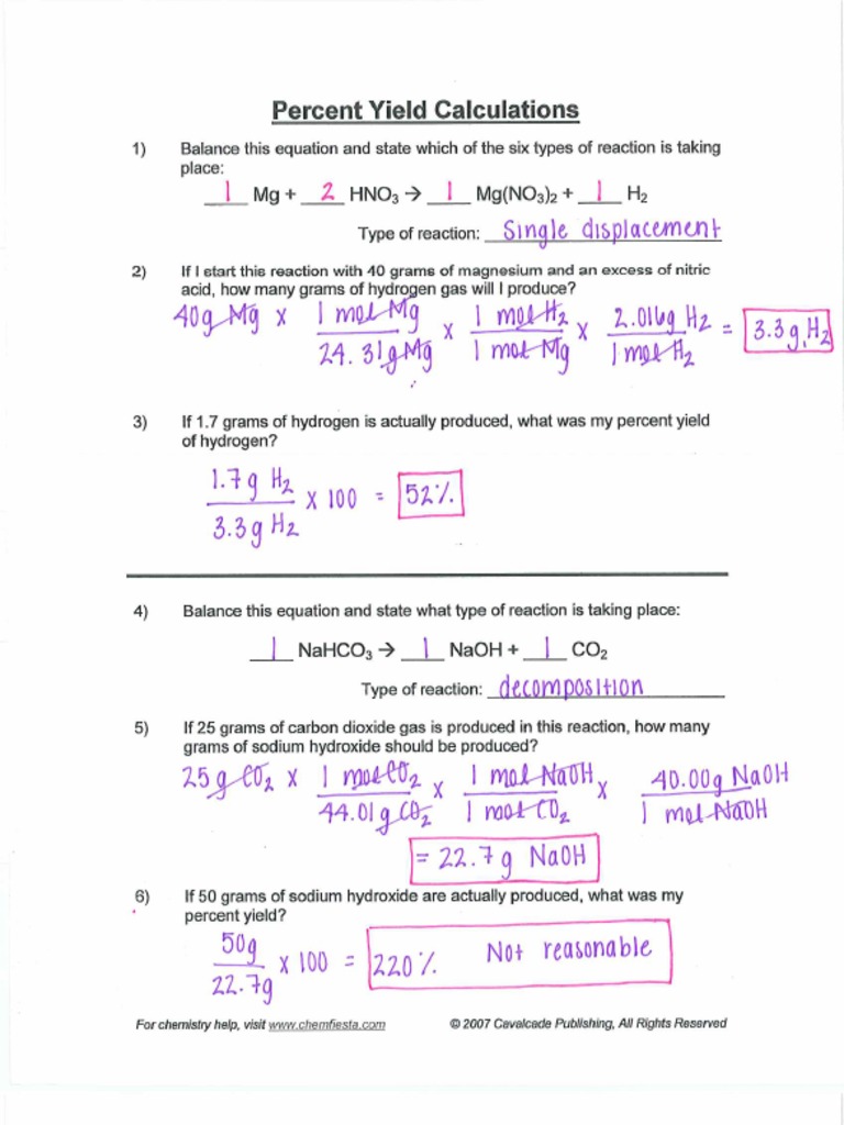 Percent Yield Worksheet Key | PDF