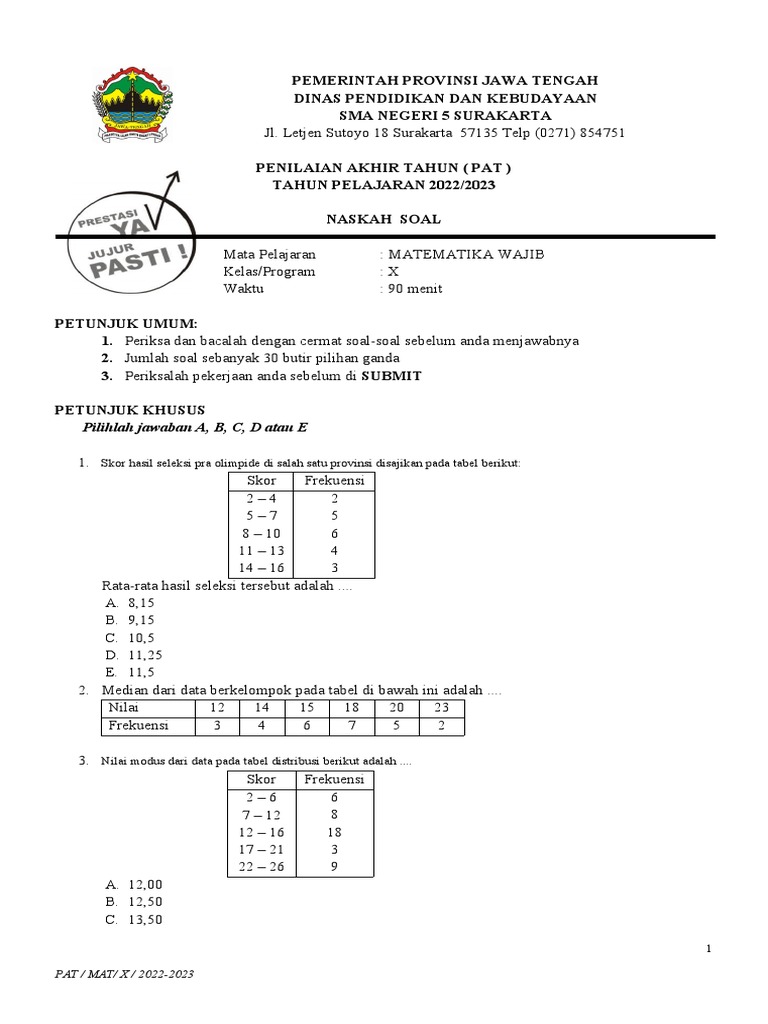 Soal Pat Mat-Wajib Kelas X Semester 2 Tahun 2023 | PDF