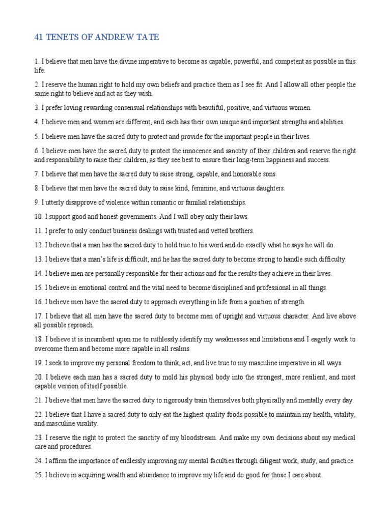 41 Tenets of Andrew Tate | Download Free PDF | Happiness | Mental Health