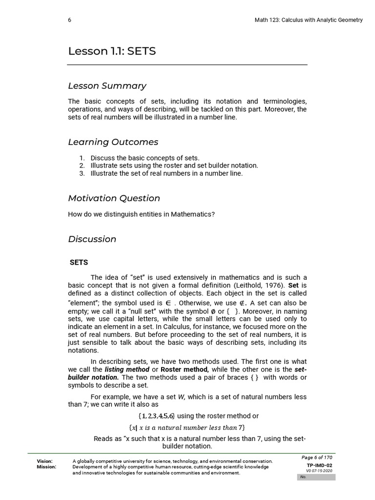 Math 123: Calculus with Analytic Geometry | PDF | Set (Mathematics ...