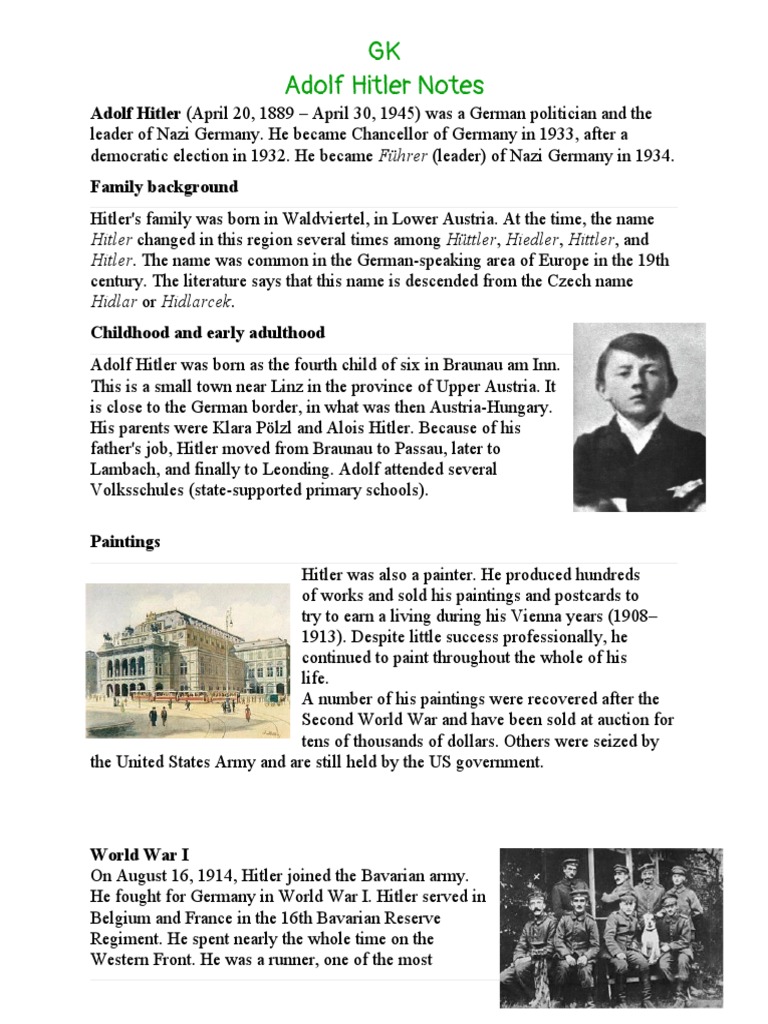 GK - Adolf Hitler Notes & Worksheet | PDF | Adolf Hitler | Nazi Germany