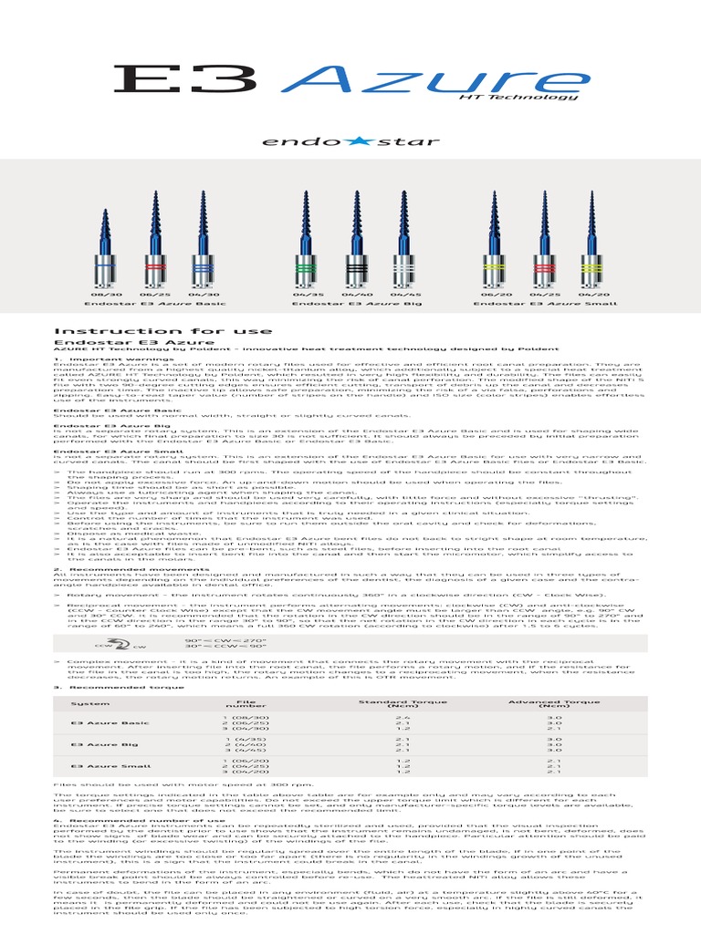 Endostar E3 Azure Rotary File Guide | PDF | Sterilization (Microbiology ...