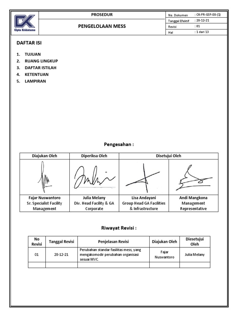 CK-PR-GSF-08 - (1) Pengelolaan Mess - Rev00 PDF | PDF | Teknologi ...