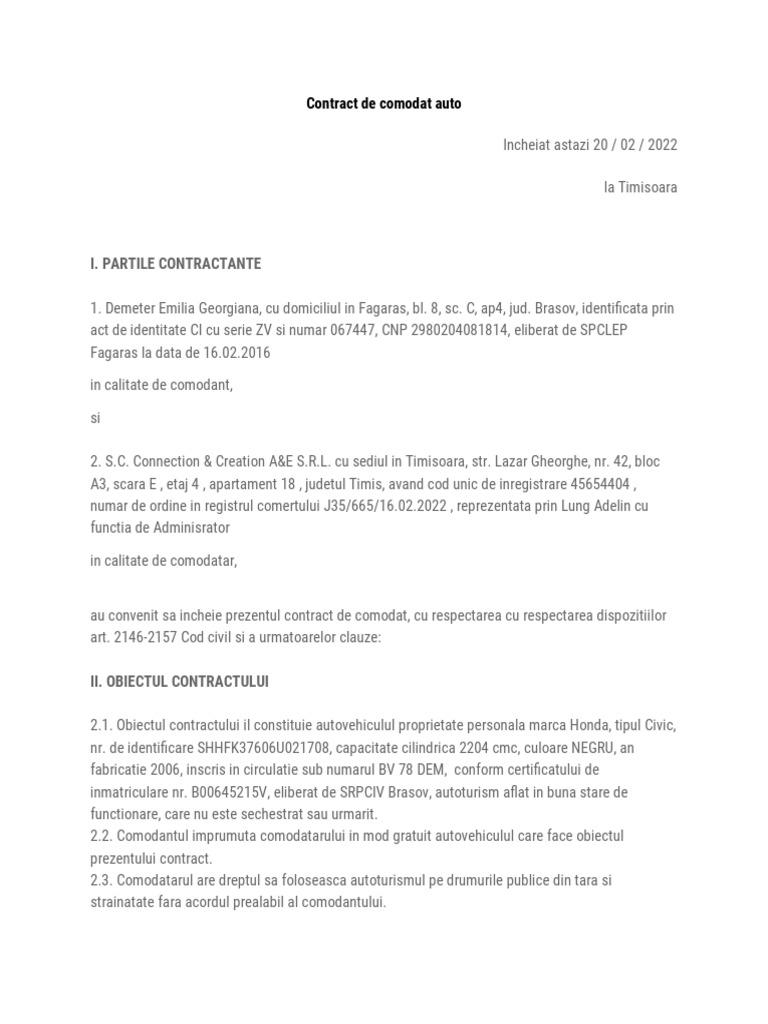 Contract de Comodat Auto - Draft | PDF