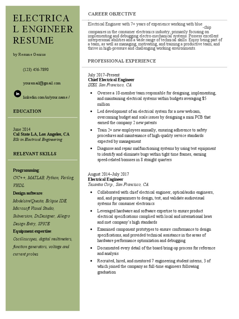 Electrical Engineer Resume Example - Clean Green | PDF | Résumé ...