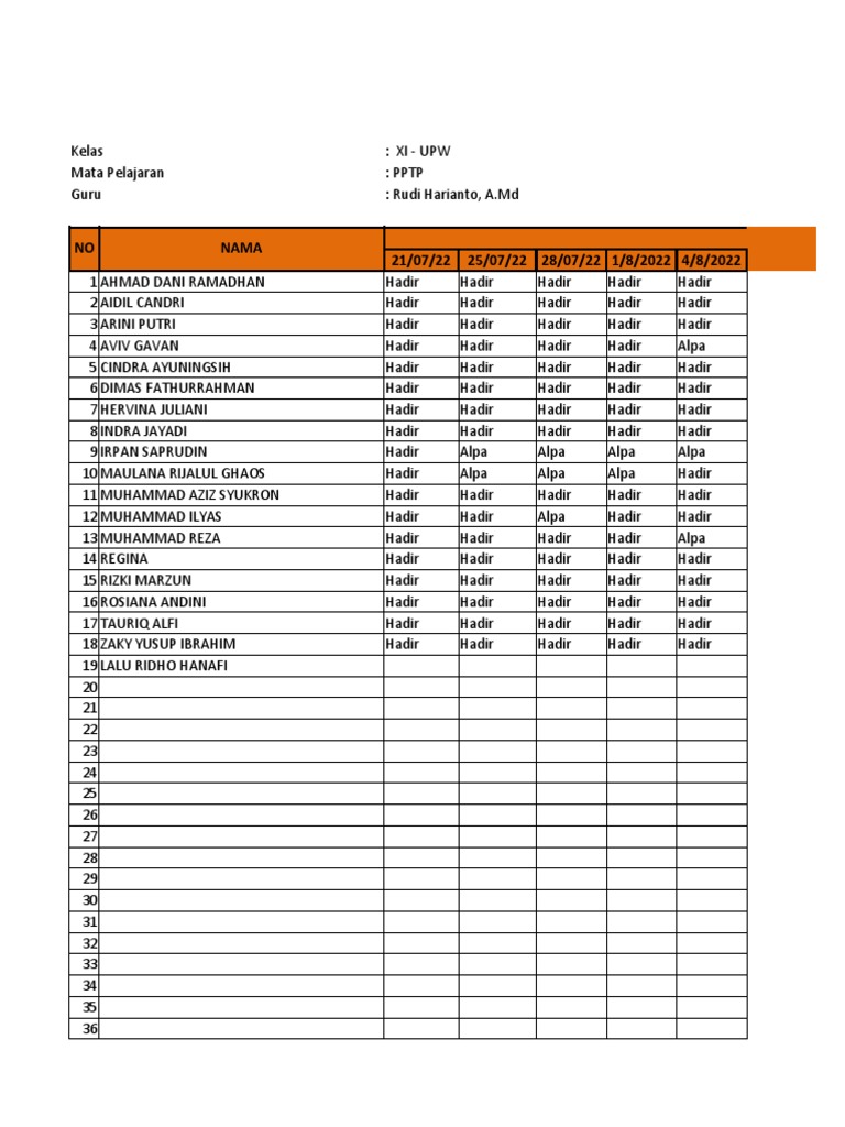 Contoh daftar hadir siswa menggunakan Ms. Excel | PDF