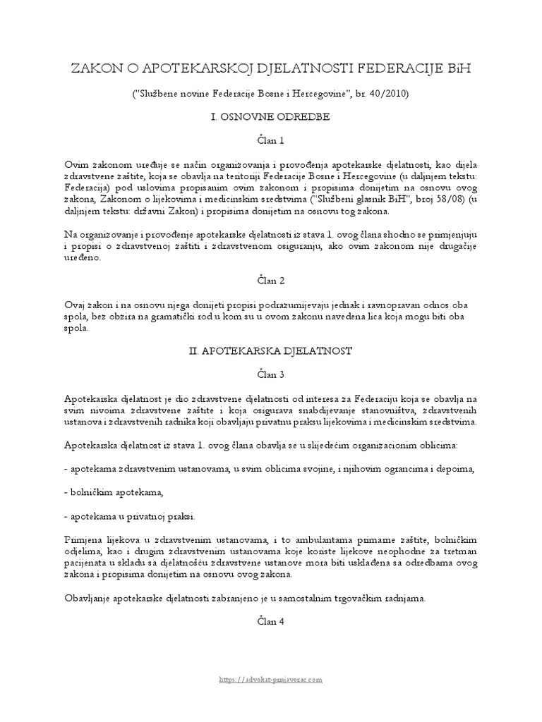 Zakon o Apotekarskoj Djelatnosti Federacije BiH | PDF